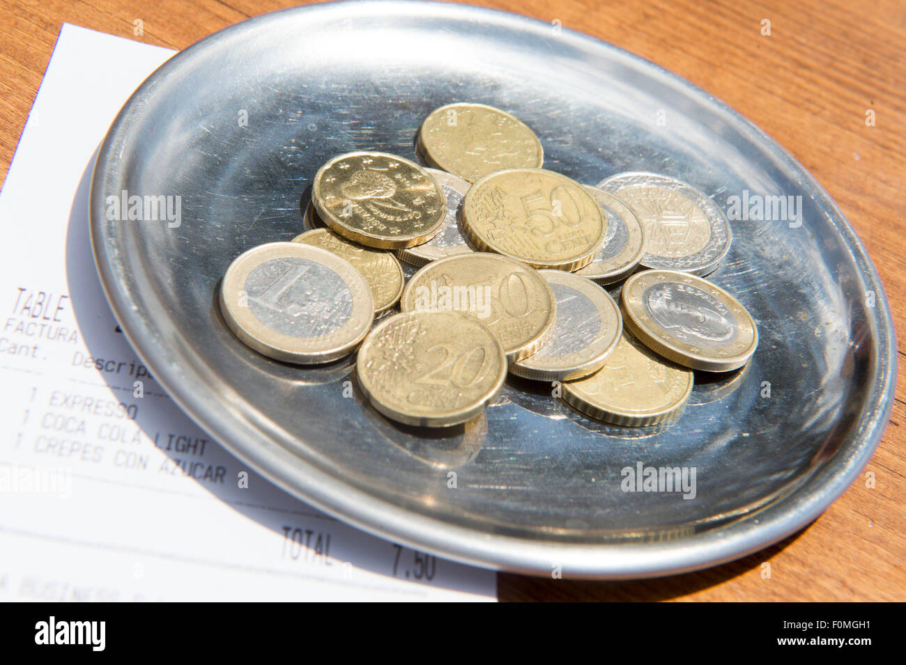 Drinks bill and Euro coins as payment on a silver tray after being ...