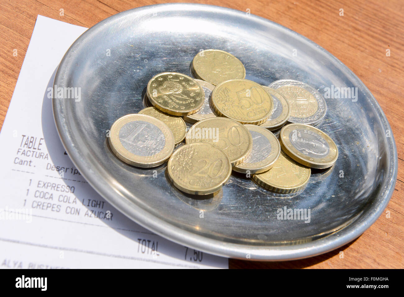 Drinks bill and Euro coins as payment on a silver tray after being ...