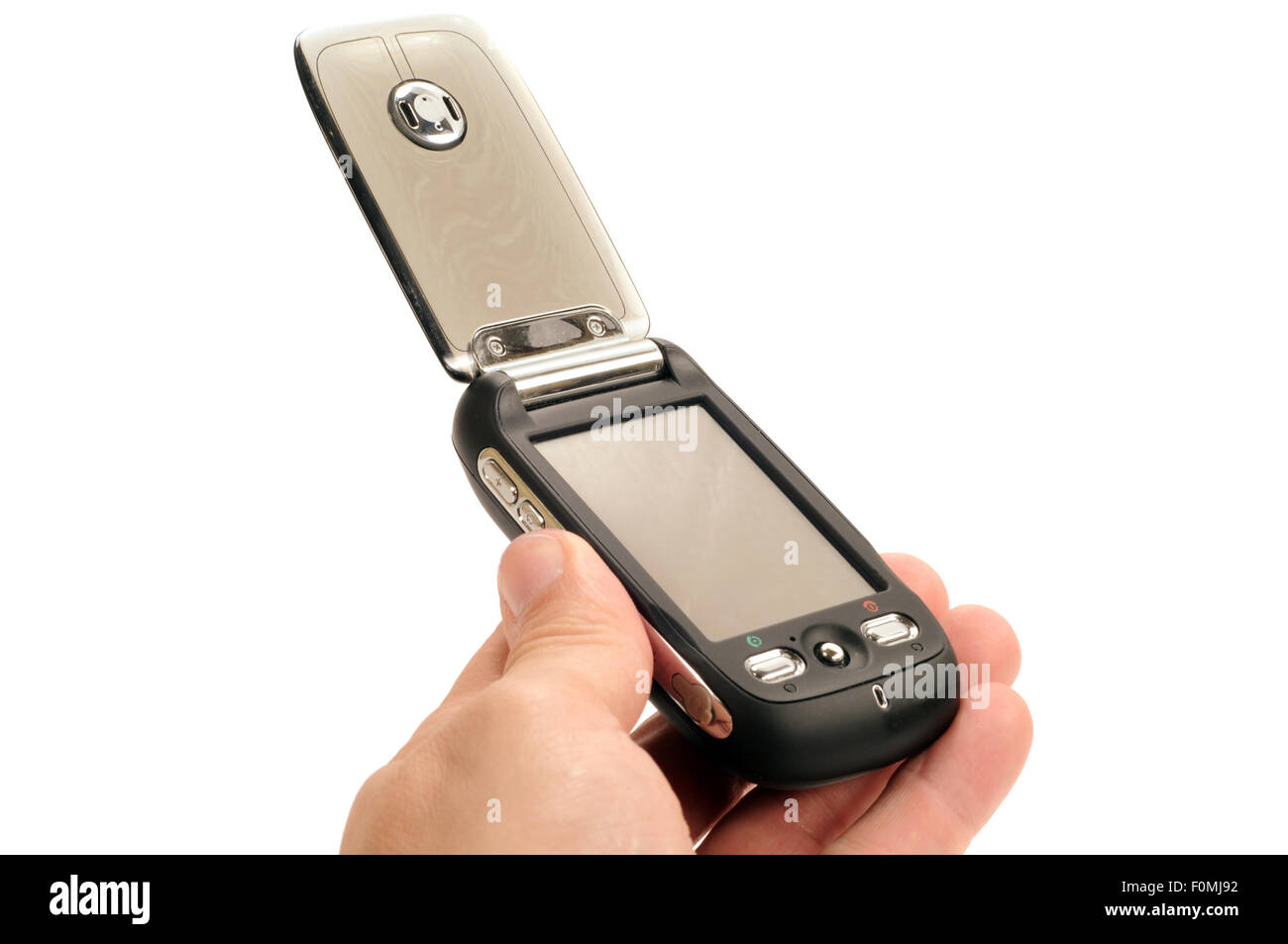 Man's hand holding a cell phone isolated on white Stock Photo - Alamy