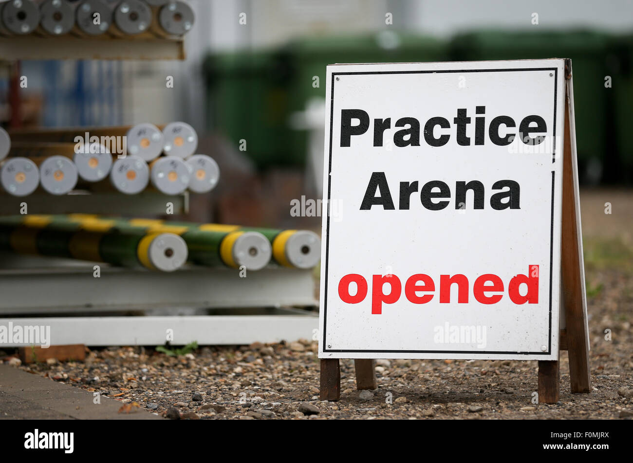 Aachen, Germany. 18th Aug, 2015. A sign reading "Practice Arena opened ...