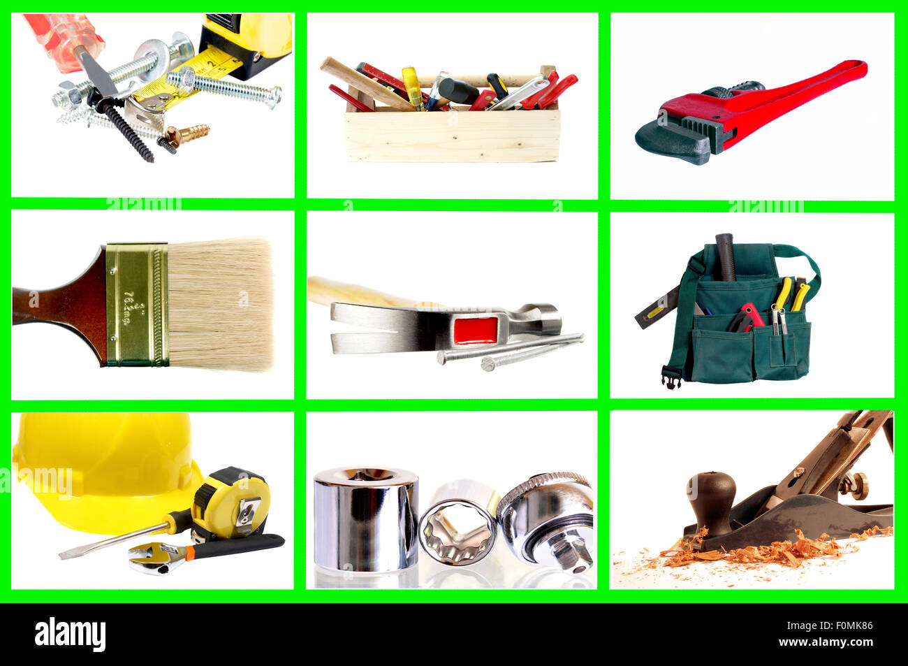 Collection of tools isolated on white in a collage Stock Photo - Alamy