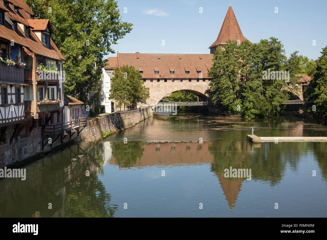 Kettensteg Chain bridge and city wall, Nuremberg, Bavaria, Germany ...