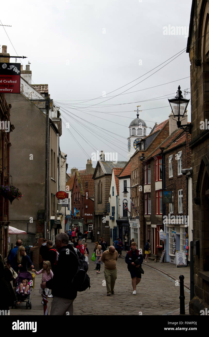 A quaint shopping street in the town of Whitby, North Yorkshire ...