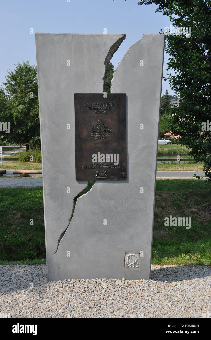 Modlareuth, Germany. 13th Aug, 2015. The memorial plaque to Helmut Kohl ...