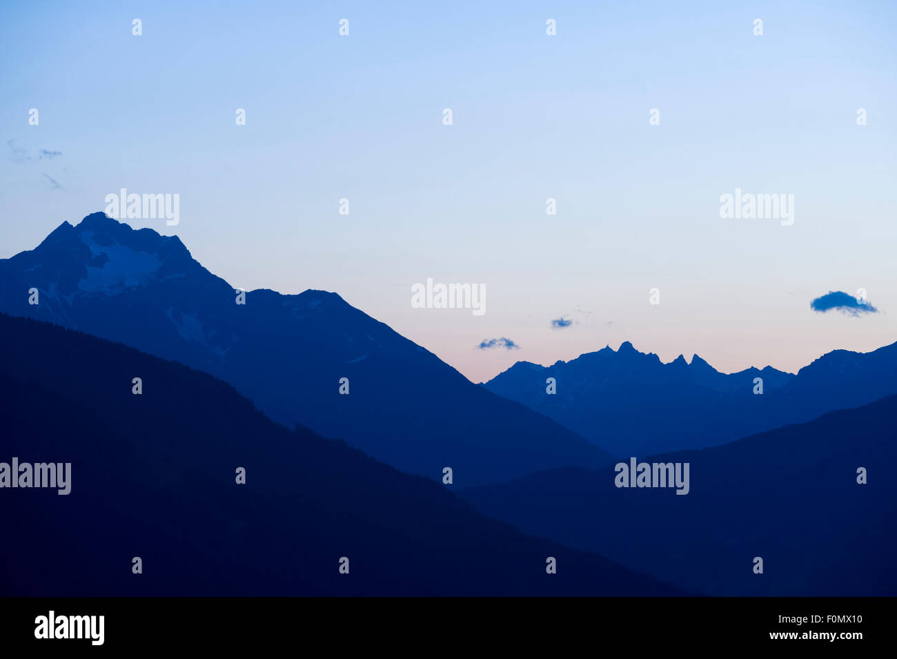 Alpine skyline from Kaunergrat visitor's centre at dusk, Naturpark ...
