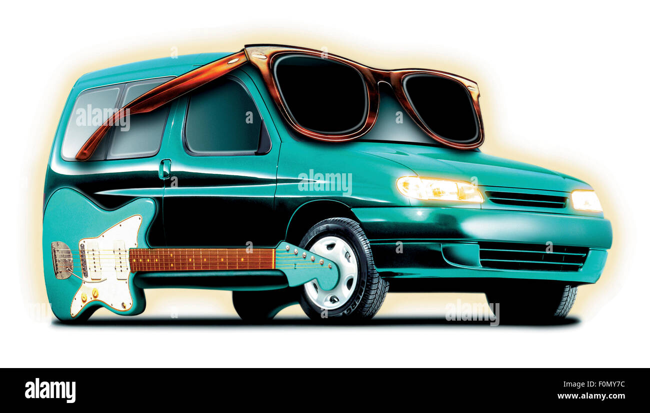 Illustration of a green concept car with electric guitar and sunglasses ...