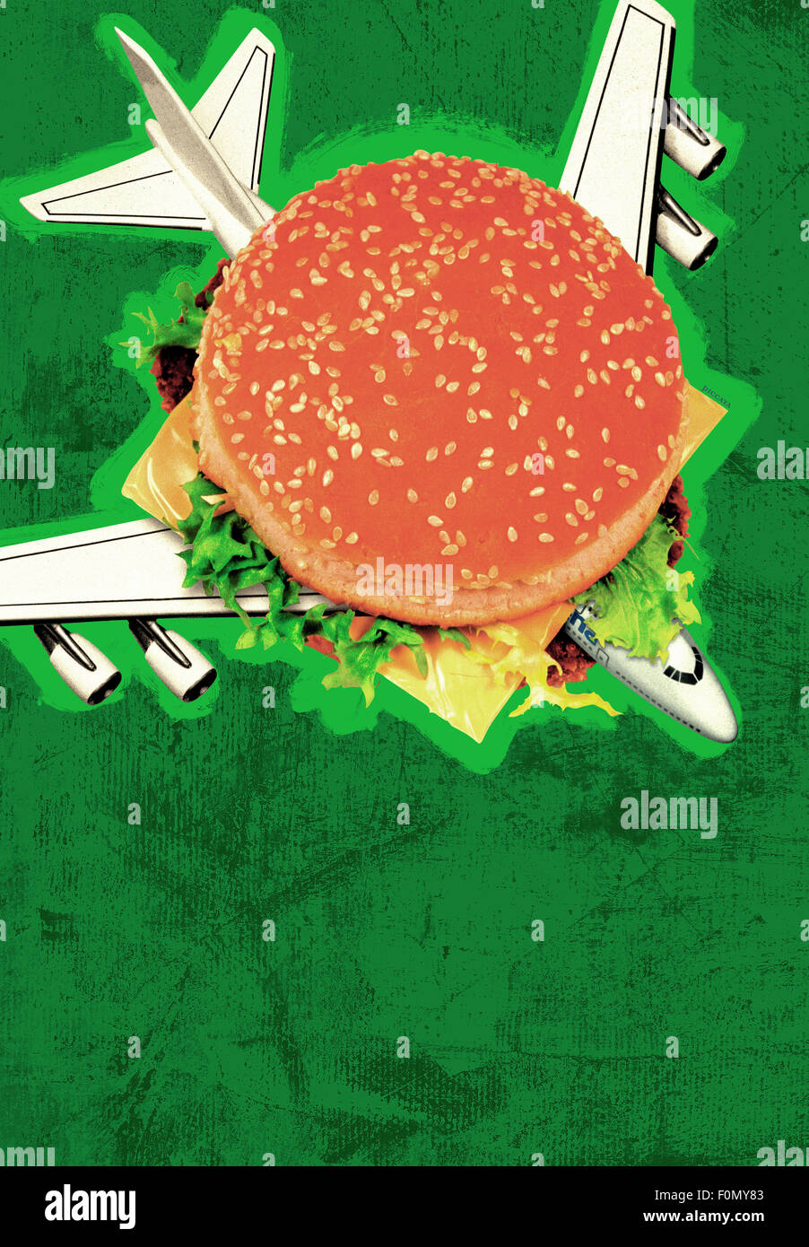 Illustration of an airplane placed in a hamburger on a grunge green ...