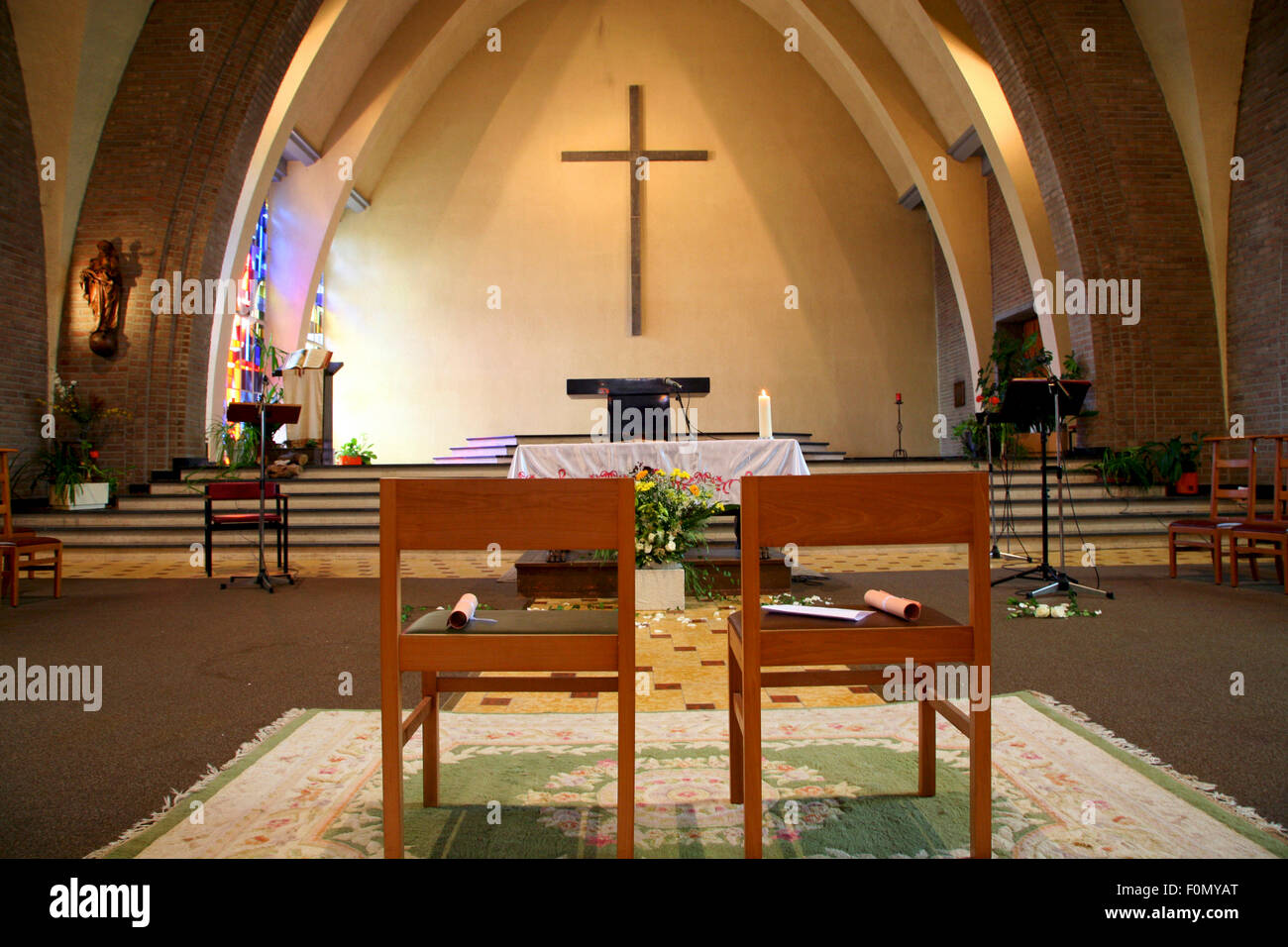 Empty modern church with two chairs before the wedding celebration in ...