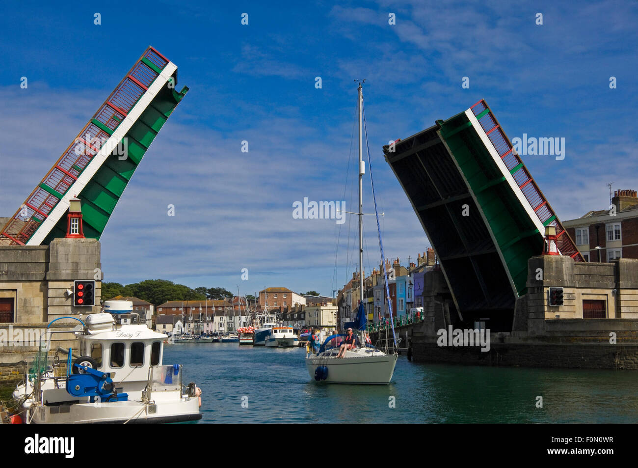 Horizontal view of Town Bridge open in Weymouth, Dorset Stock Photo - Alamy