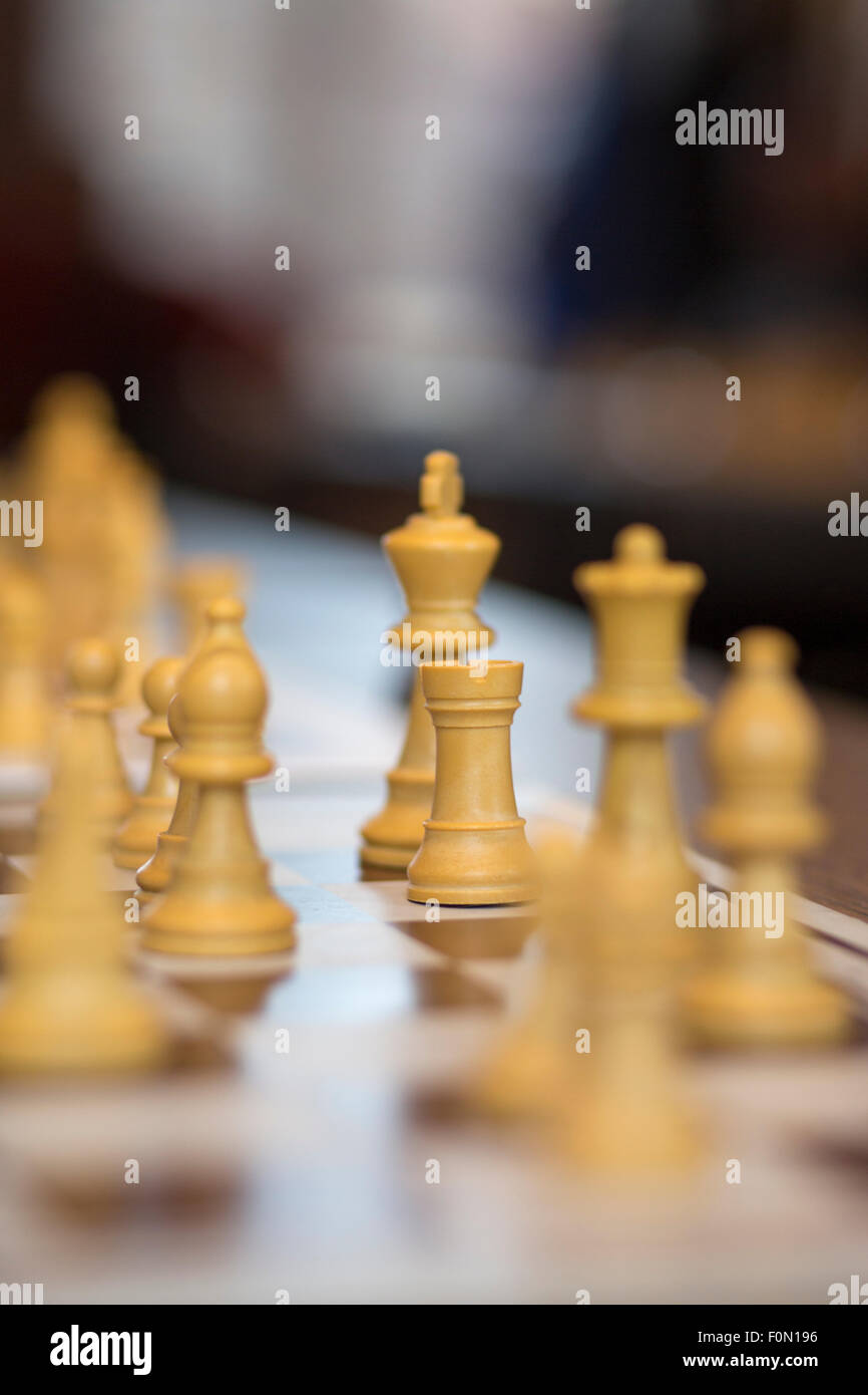 Chess pieces on a chess board with blurred background Stock Photo - Alamy