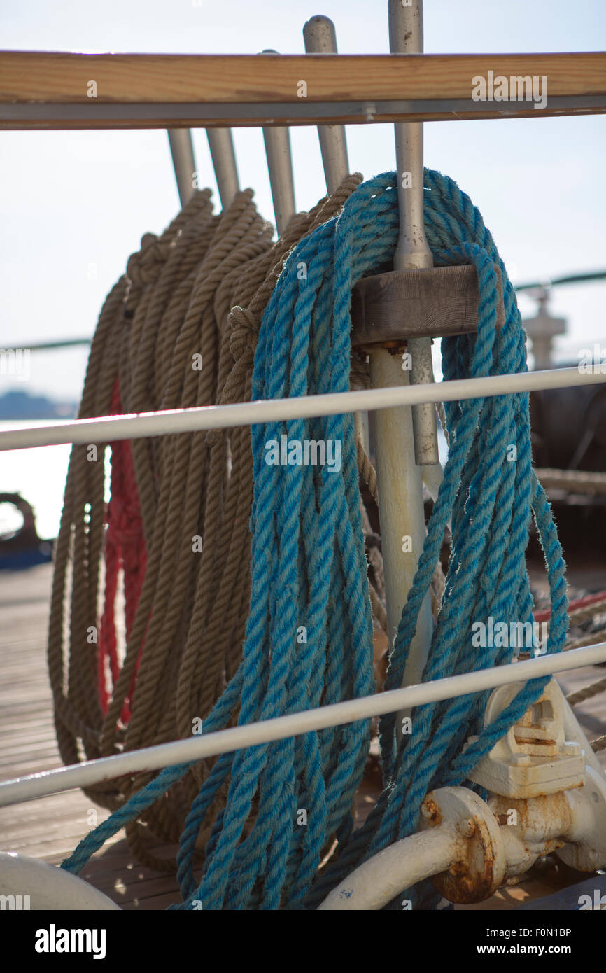 Ropes on a ship early in the morning in the harbor of Goteborg in ...