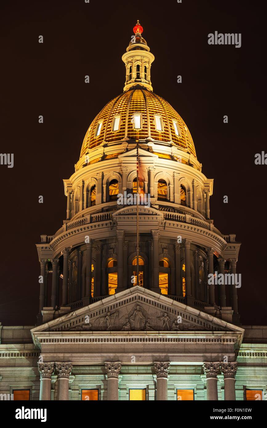 Golden Tower of Colorado Capitol Building at Night. Denver, Colorado ...