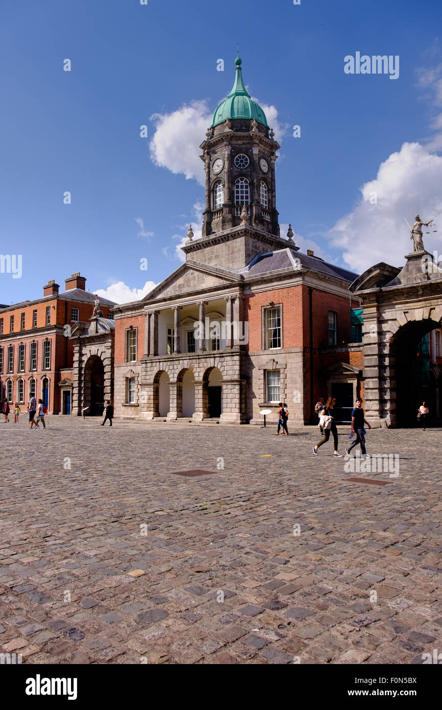 Dublin, Ireland. August 18, 2015. Clock tower in the courtyad of Dublin ...