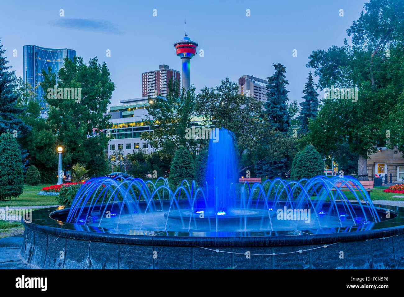 Illuminated fountain, Central Memorial Park, Calgary, Alberta, Canada ...