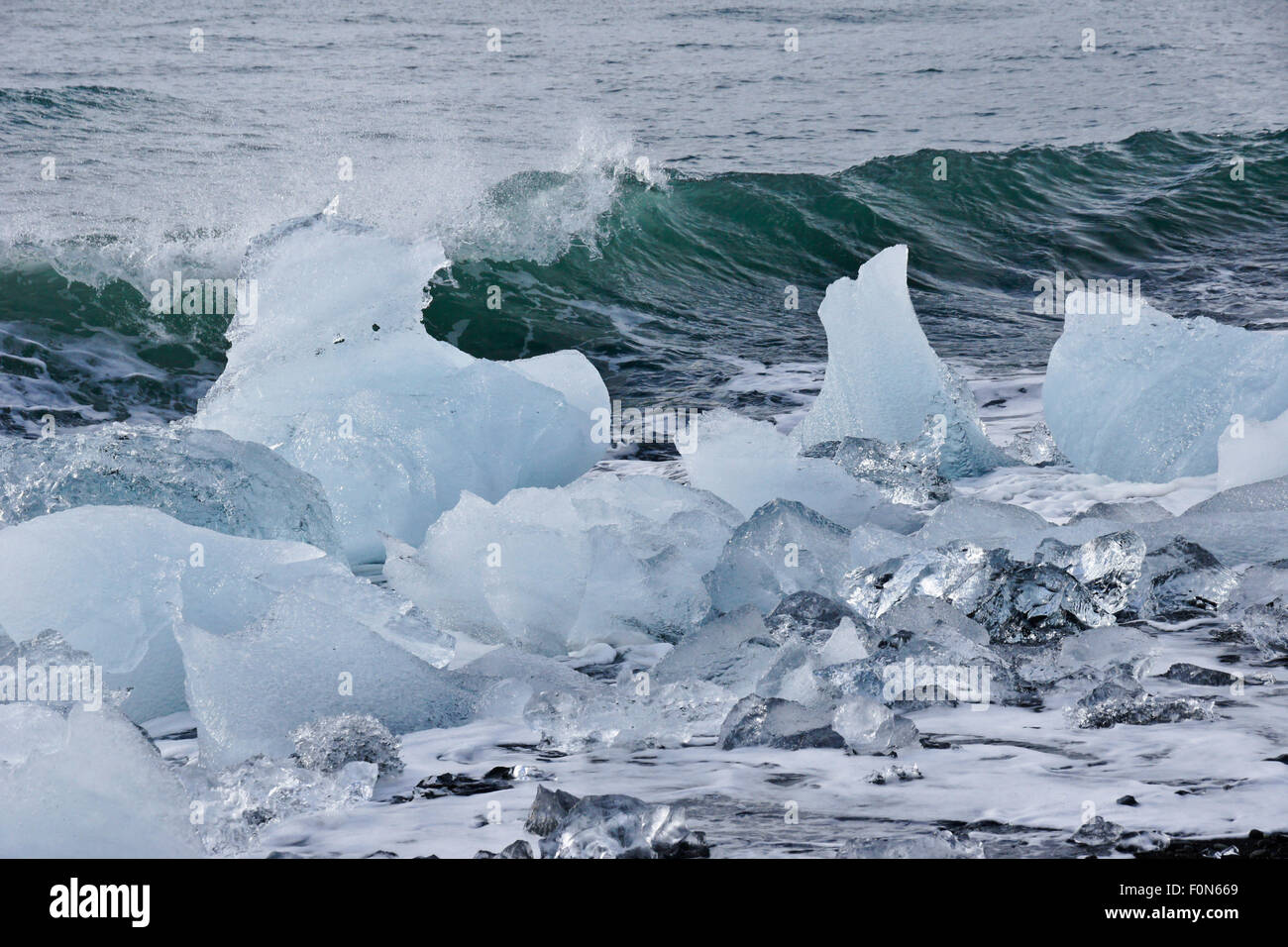 Glacial ice washed up on black sand beach at Jokulsarlon, southern ...