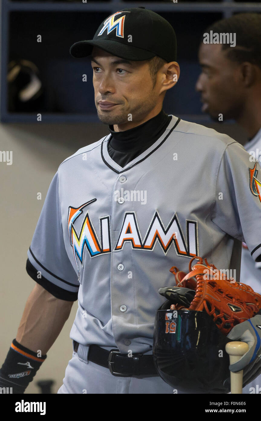 Milwaukee, WI, USA. 17th Aug, 2015. Miami Marlins right fielder Ichiro ...