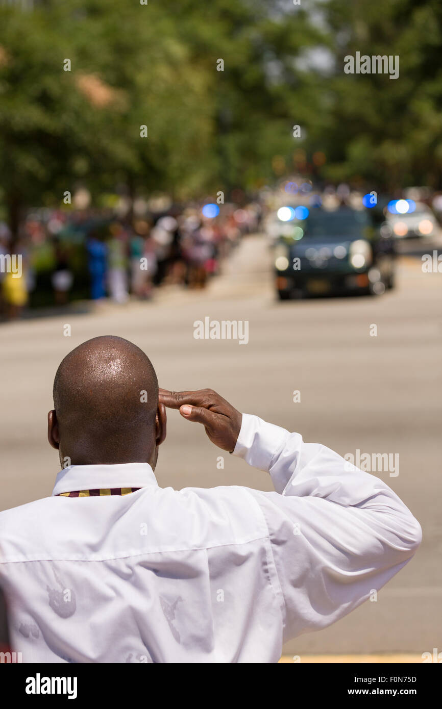 A mourner salutes as the horse-drawn caisson carrying the casket of ...