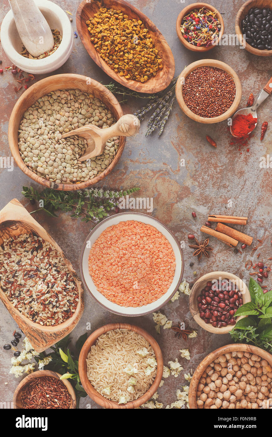 Assortment of legumes, grain and seeds. Various types of grains, rice ...