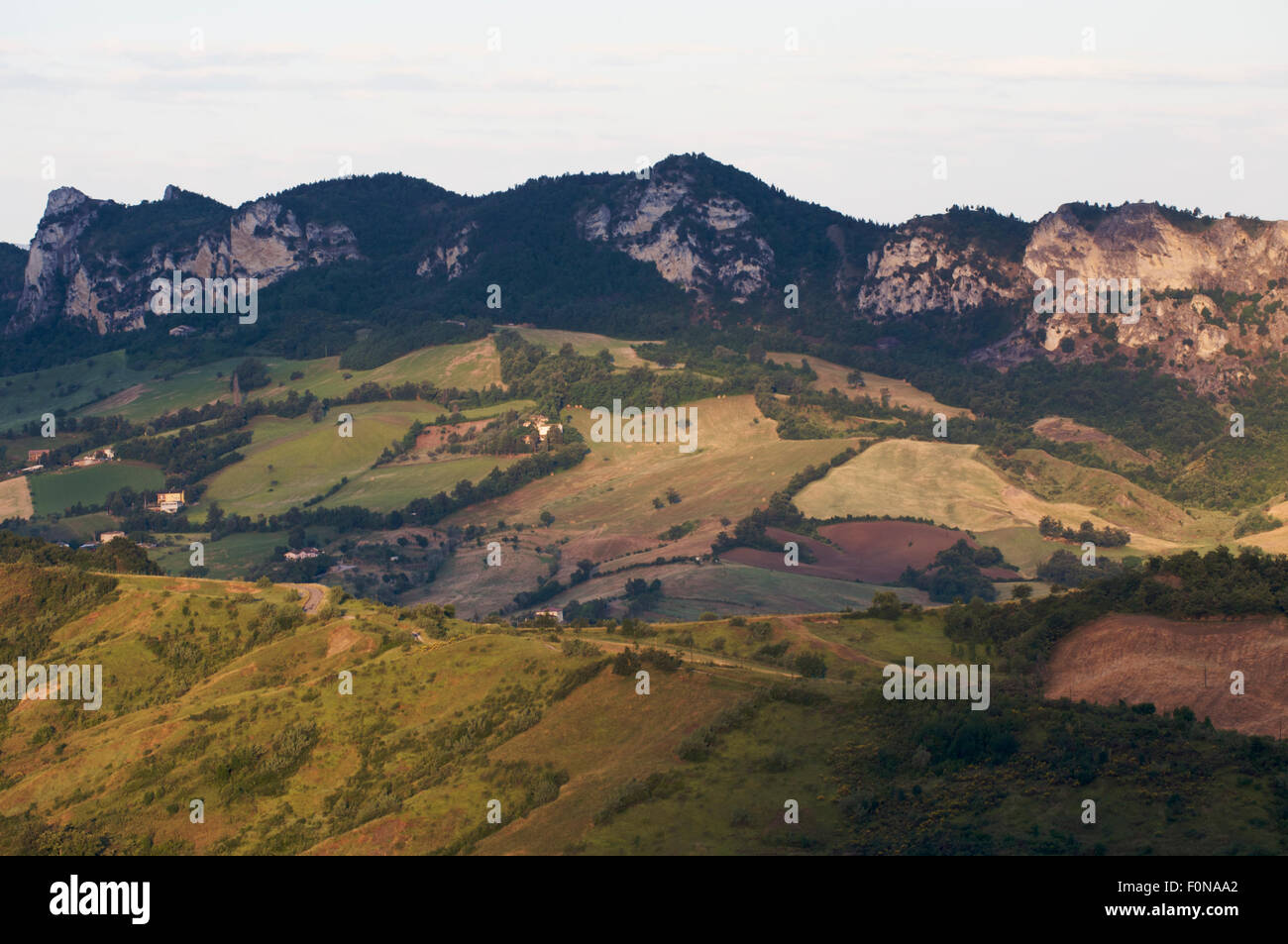 Hills across the valley of the San Marino river, San Marino, May 2009 ...
