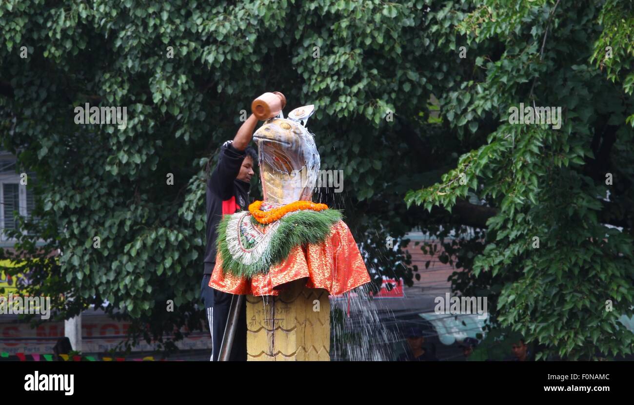 Kathmandu, Nepal. 19th Aug, 2015. A priest offers milk to a statue of ...