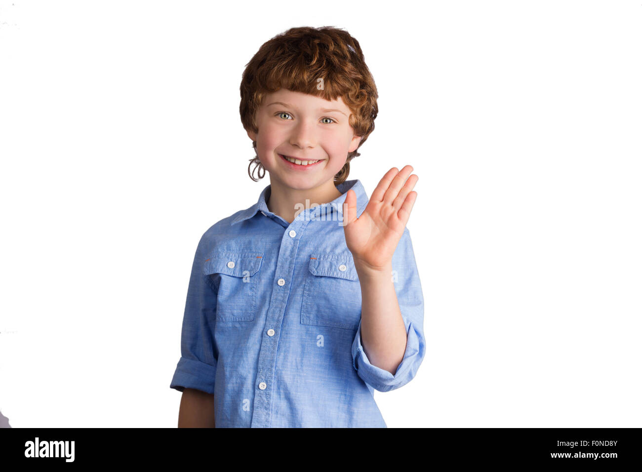 Handsome smiling boy waving with his hand. Isolated on white background ...