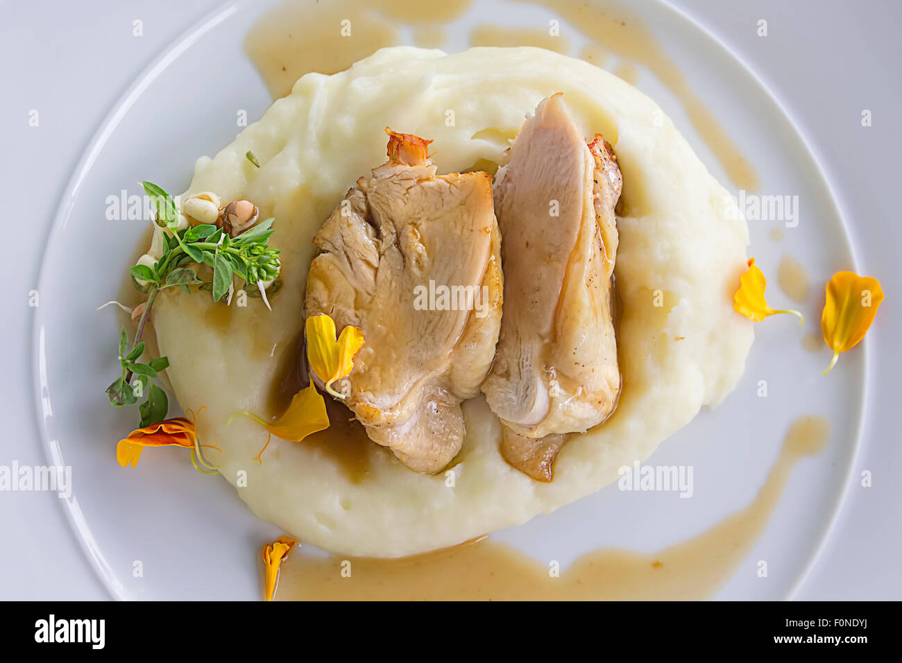 Pork meat with potato puree, taken from above Stock Photo - Alamy
