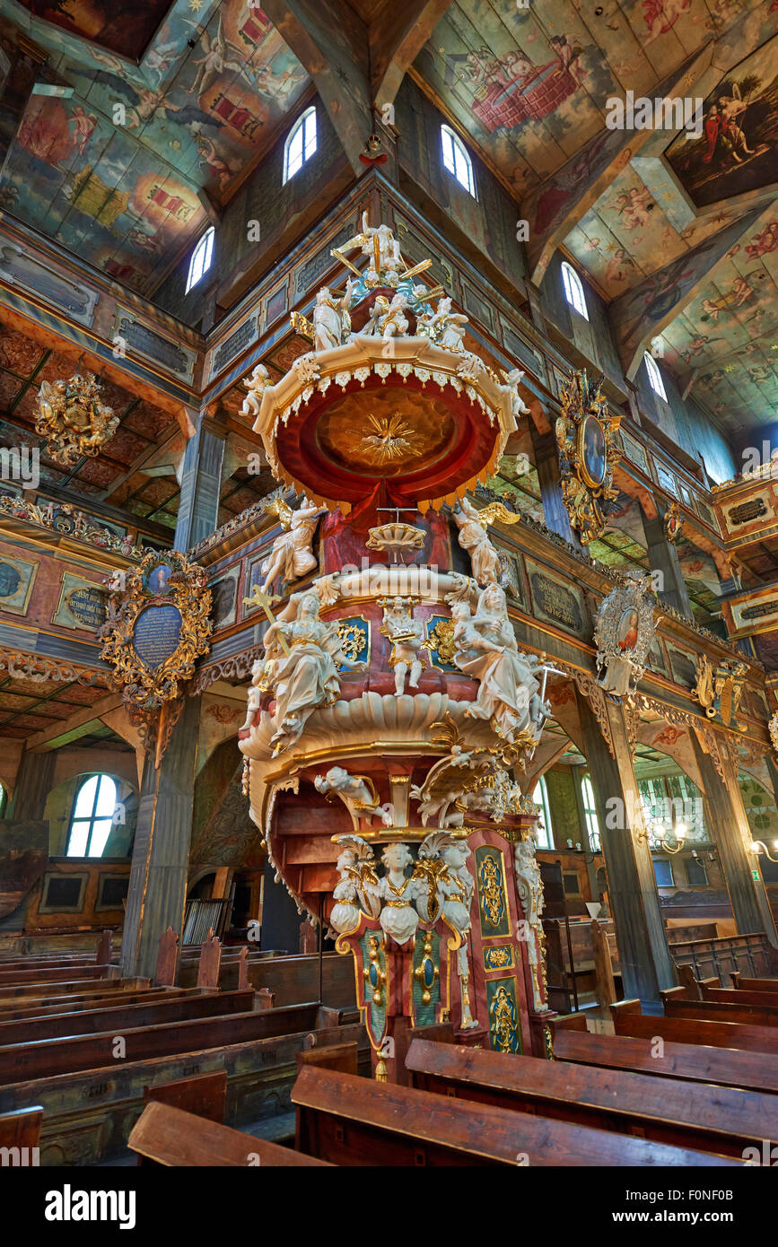 Interior shot of magnificently decorated wooden Protestant Church of ...