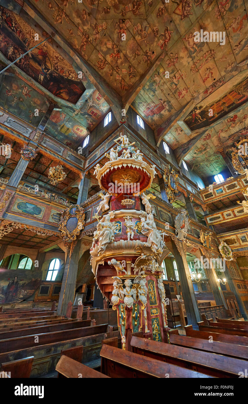 Interior shot of magnificently decorated wooden Protestant Church of ...