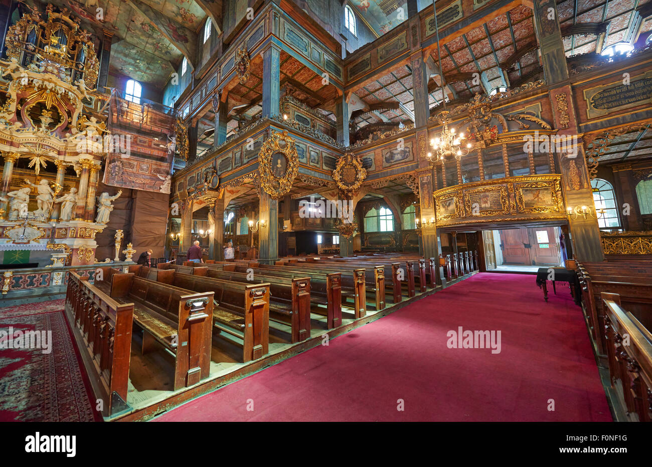 Interior shot of magnificently decorated wooden Protestant Church of ...