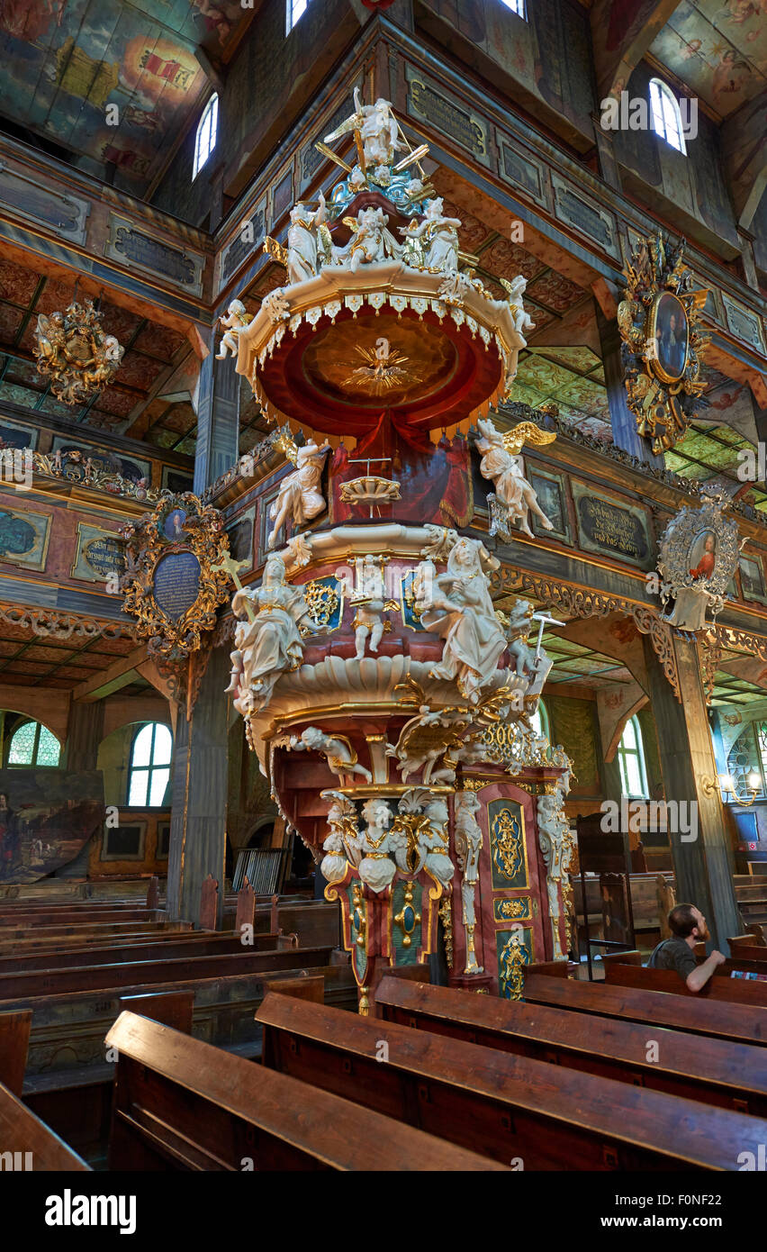Interior shot of magnificently decorated wooden Protestant Church of ...