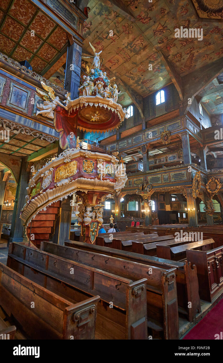 Interior shot of magnificently decorated wooden Protestant Church of ...