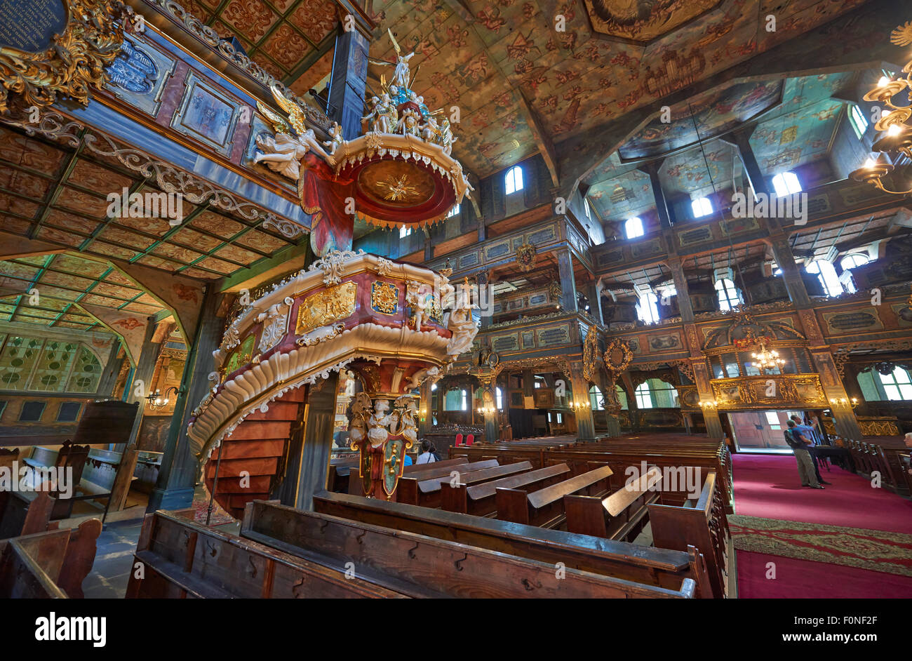 Interior shot of magnificently decorated wooden Protestant Church of ...