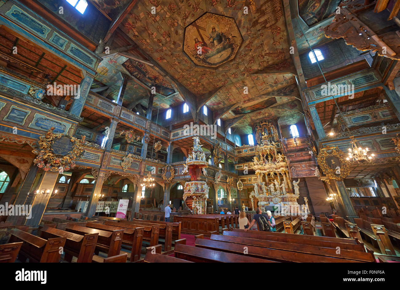 Interior shot of magnificently decorated wooden Protestant Church of ...
