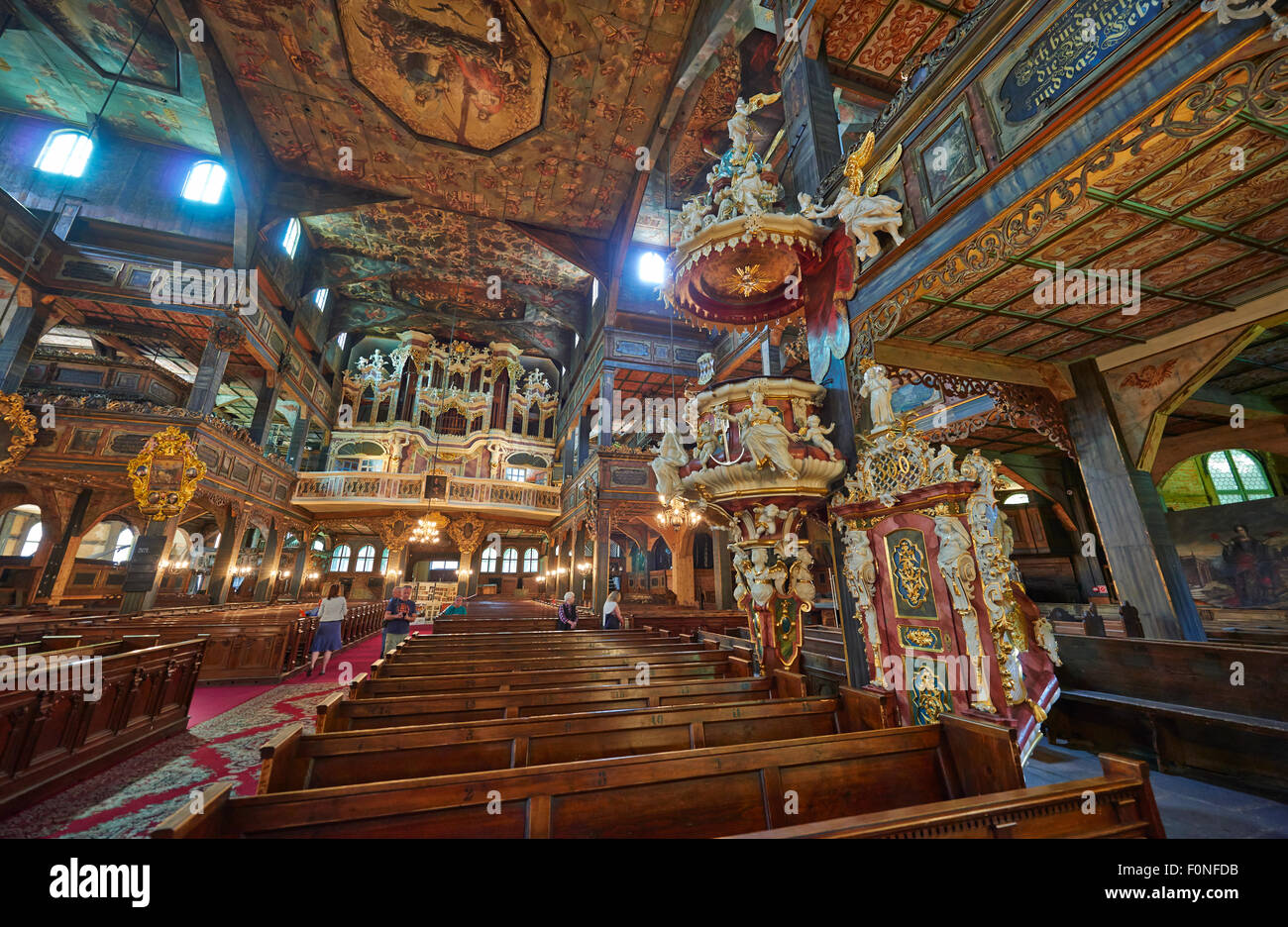 Interior shot of magnificently decorated wooden Protestant Church of ...