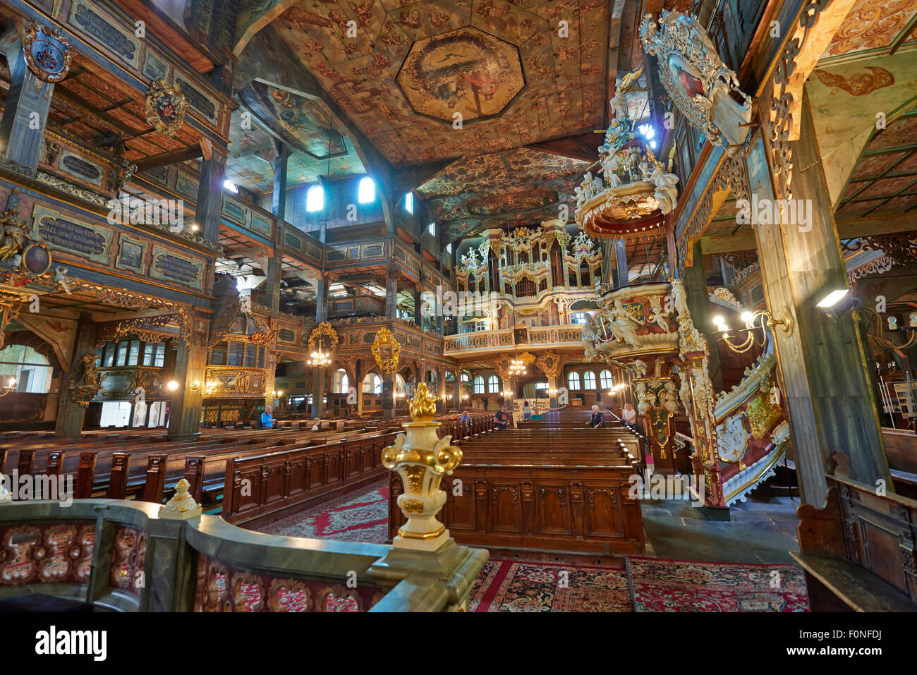 Interior shot of magnificently decorated wooden Protestant Church of ...