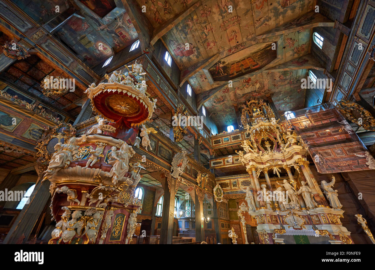Interior shot of magnificently decorated wooden Protestant Church of ...