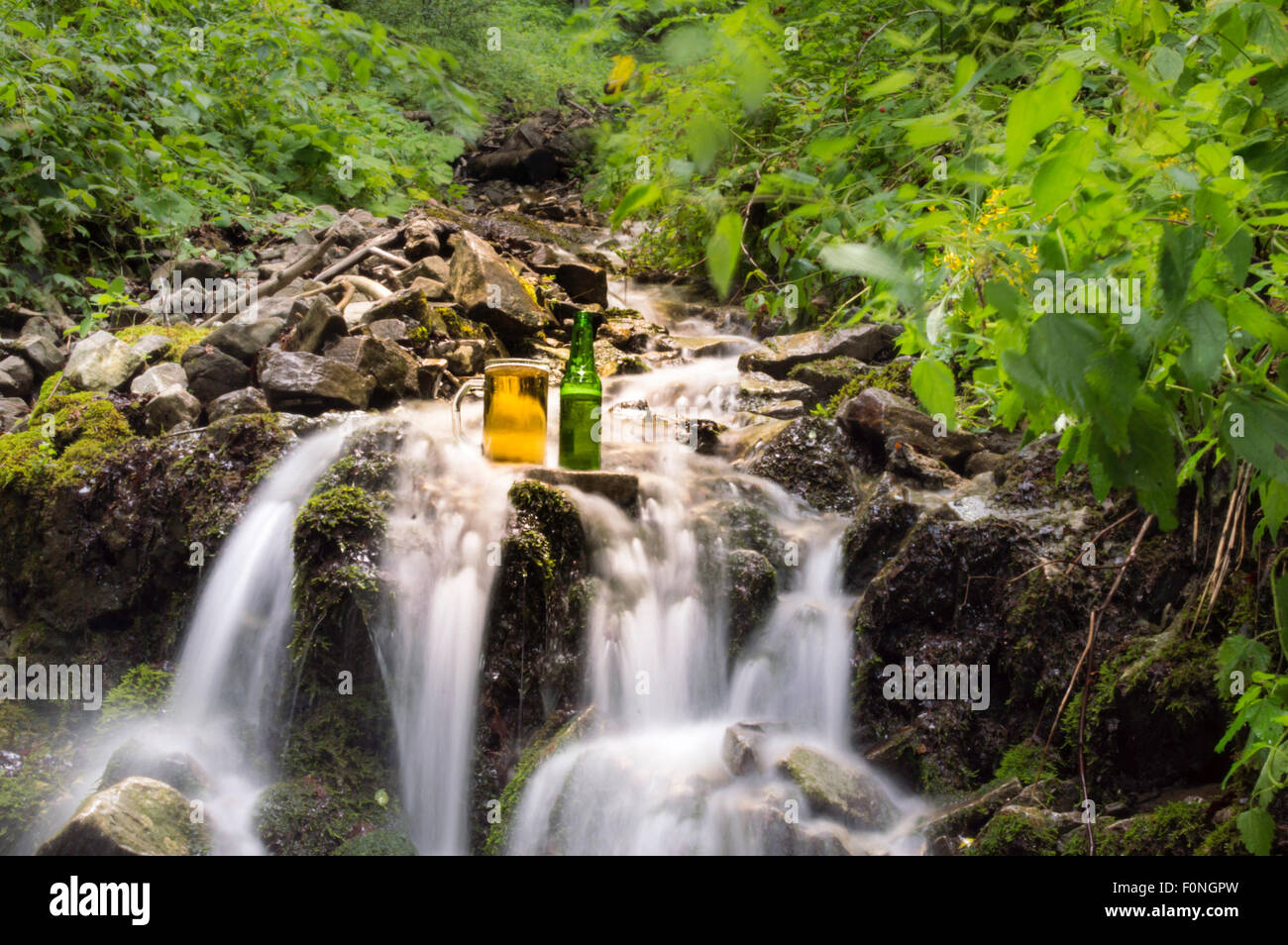 beer cooled in waterfall spring Stock Photo - Alamy
