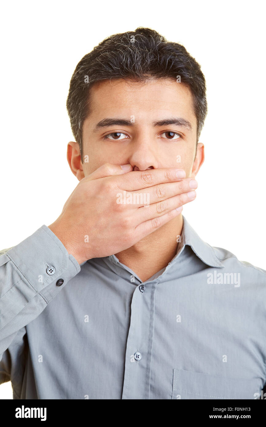 Man covering his mouth with his hand Stock Photo - Alamy