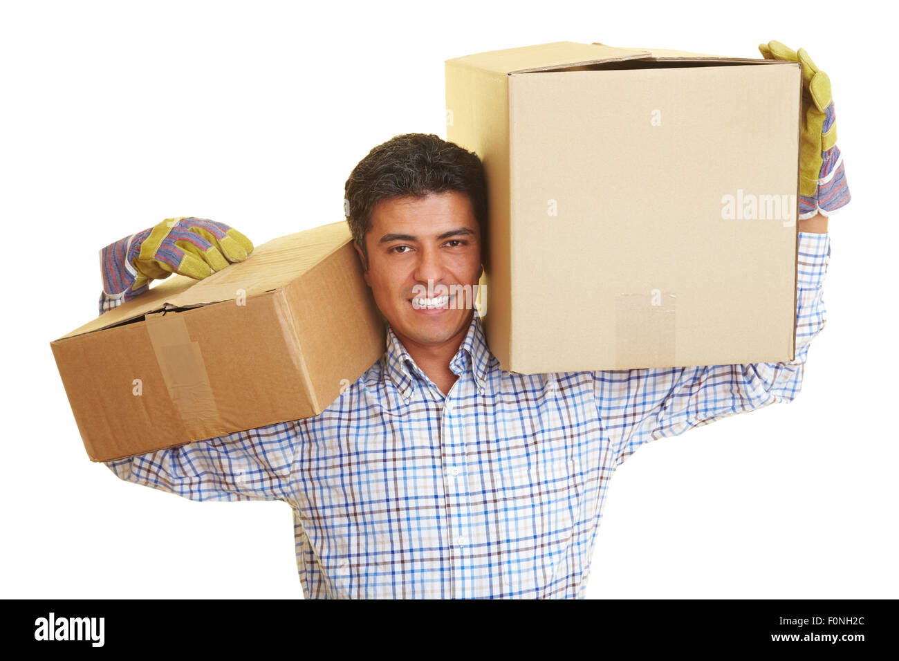 appy man carrying to boxes on his shoulders Stock Photo - Alamy