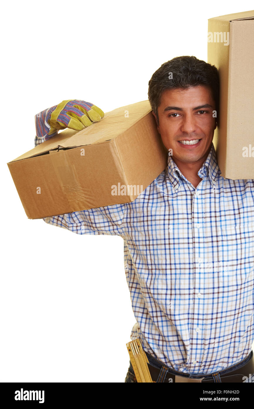 Happy man carrying two boxes on his shoulders Stock Photo - Alamy