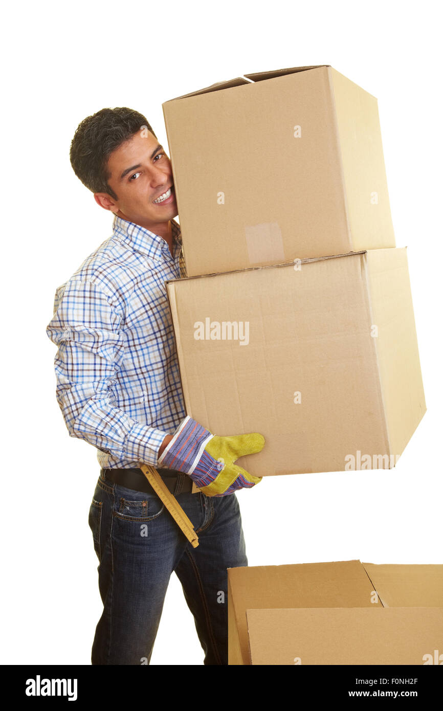 Happy man carrying two boxes Stock Photo - Alamy
