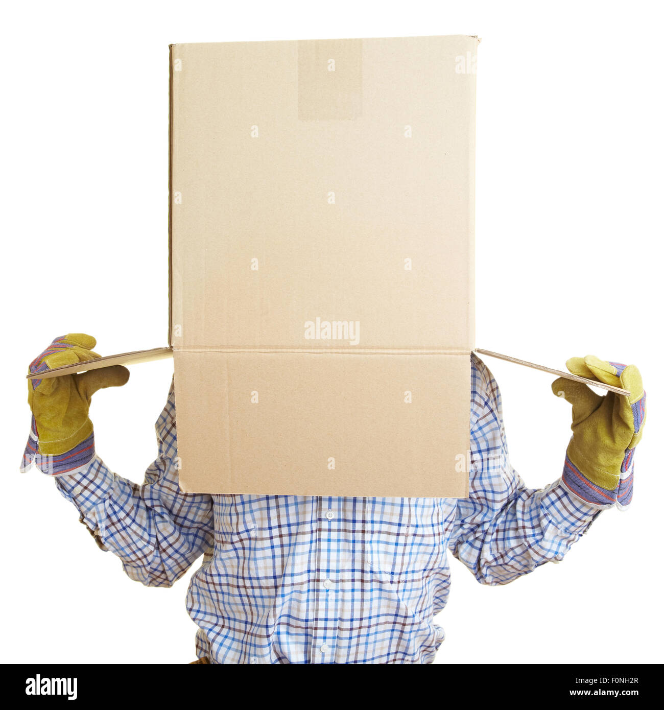 Worker putting a cardboard box on his head Stock Photo - Alamy