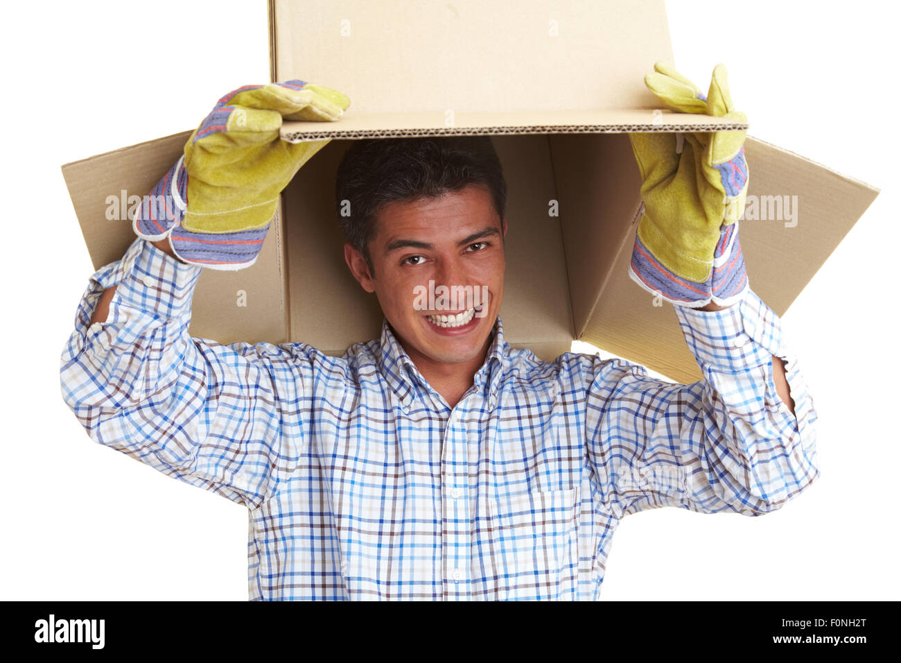 Happy worker putting a cardboard box over his head Stock Photo - Alamy