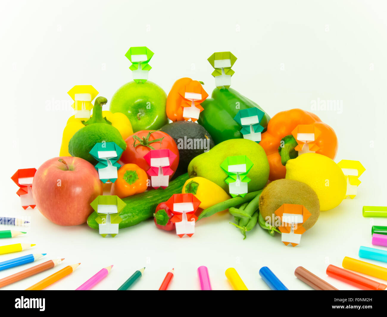 Colorful origami Ninja playing with the vegetables and fruits Stock ...