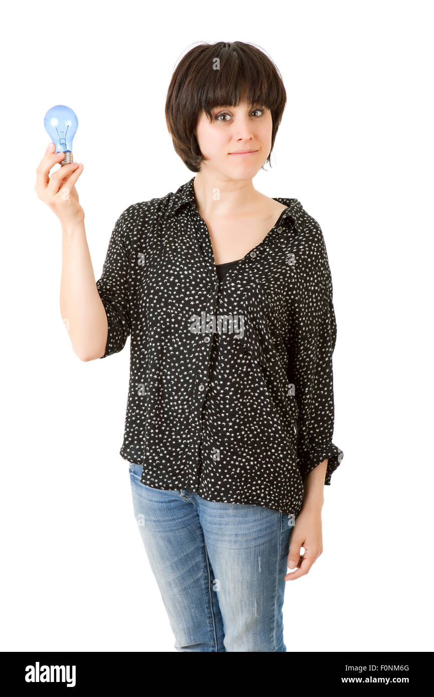 woman holding energy bulb, isolated on white Stock Photo - Alamy