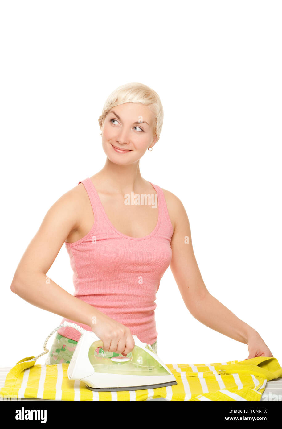 Beautiful woman ironing clothes. Isolated on white background Stock ...