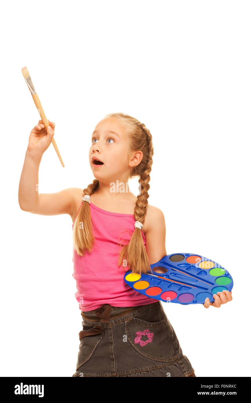 Beautiful little girl with a paintbrush, Isolated on white Stock Photo ...