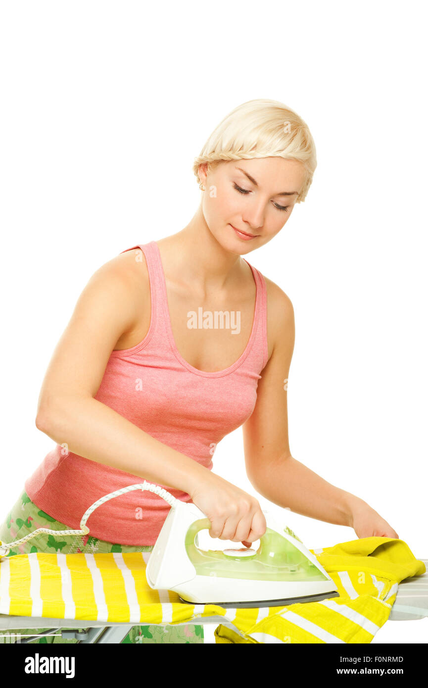 Beautiful woman ironing clothes. Isolated on white background Stock ...