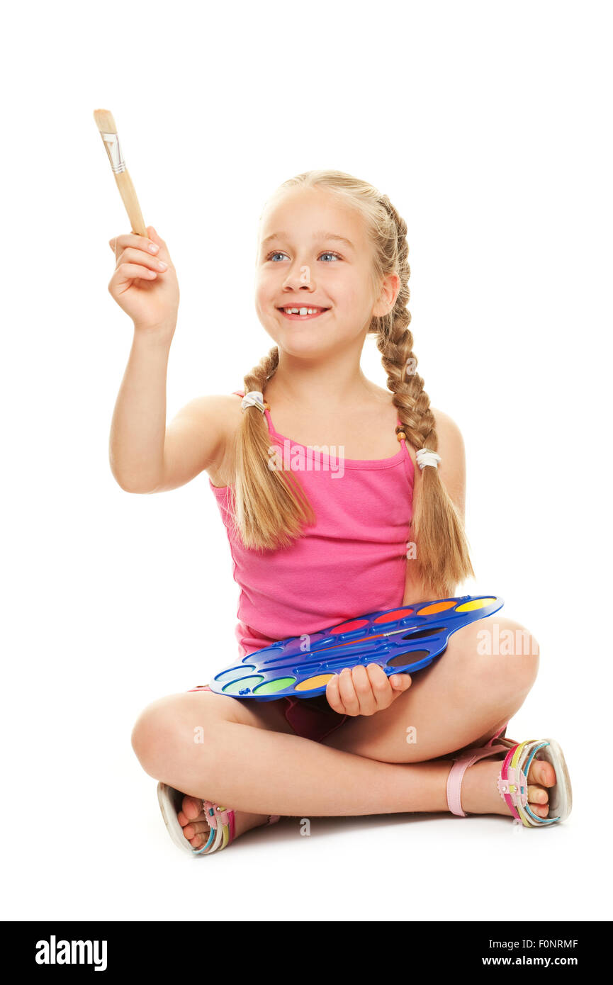 Beautiful little girl with a paintbrush, Isolated on white Stock Photo ...