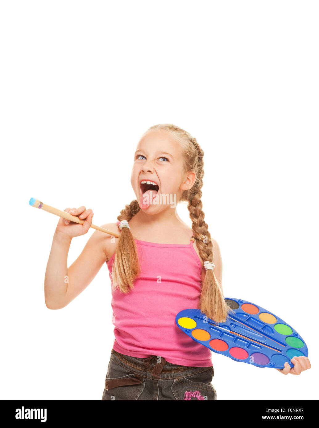 Beautiful little girl with a paintbrush, Isolated on white Stock Photo ...